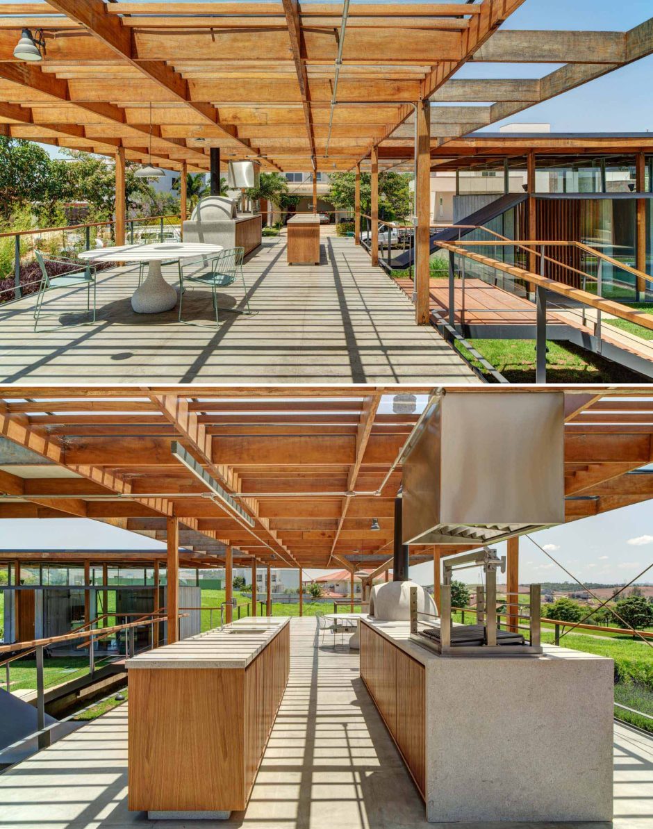 An Exposed Structure Shows Off This House Design That Wraps Around A Pool