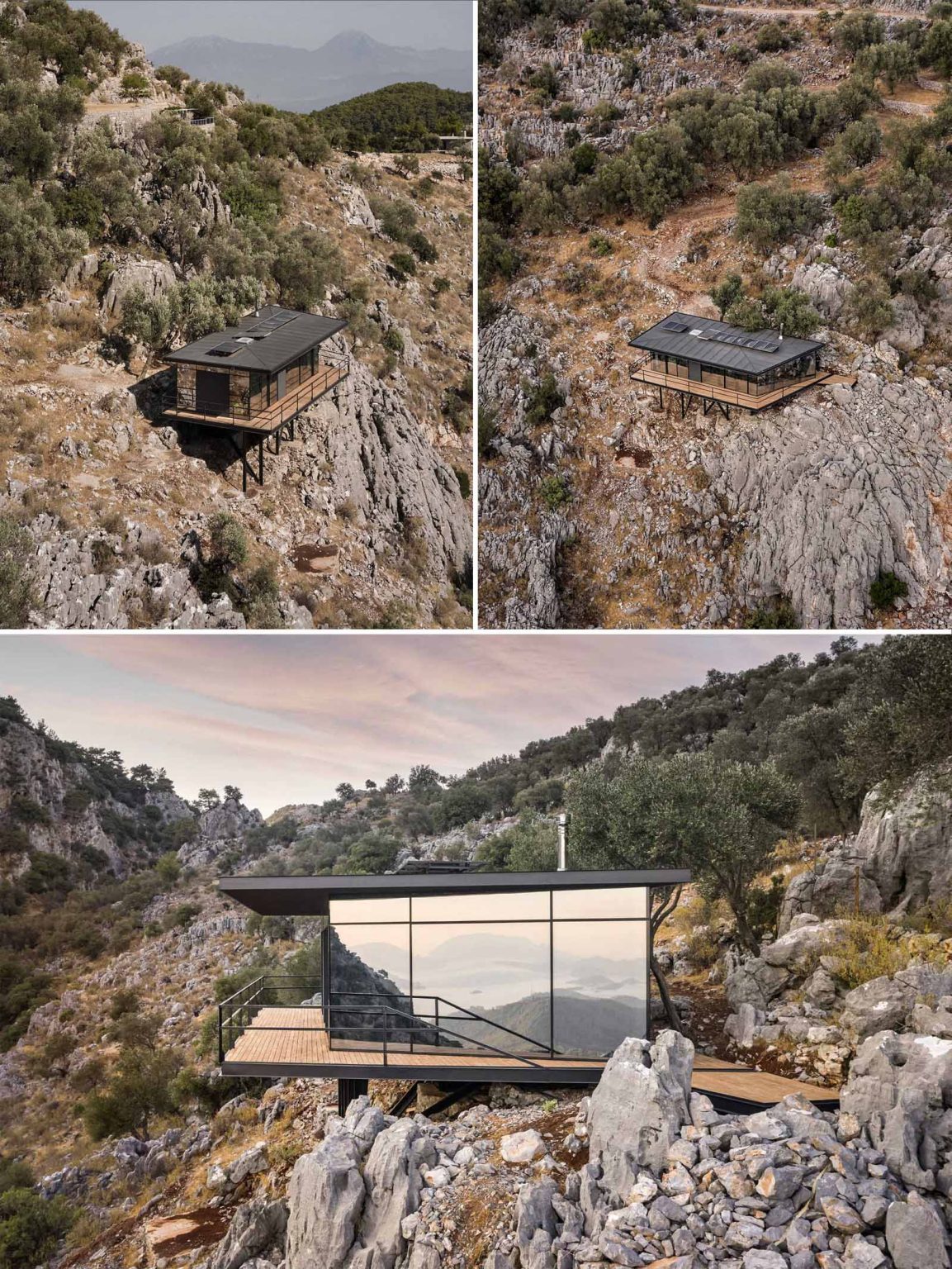 A Modern Cabin Perched On The Edge Of Rocky Cliffs